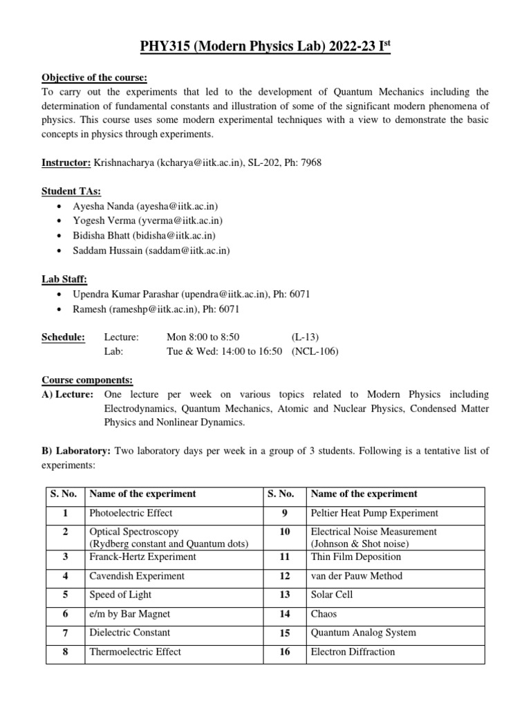 First Course Handout - PHY315A - 2022-23 | PDF | Physics | Experiment