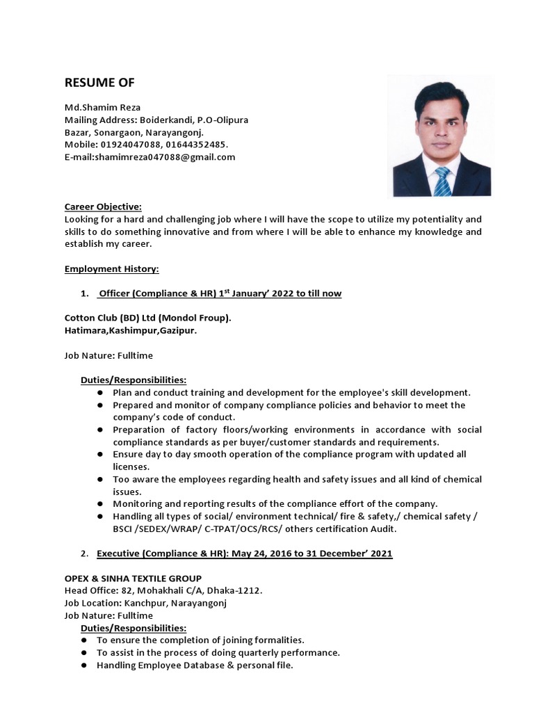 MD - Shamim CV HR | PDF | Regulatory Compliance | Employment