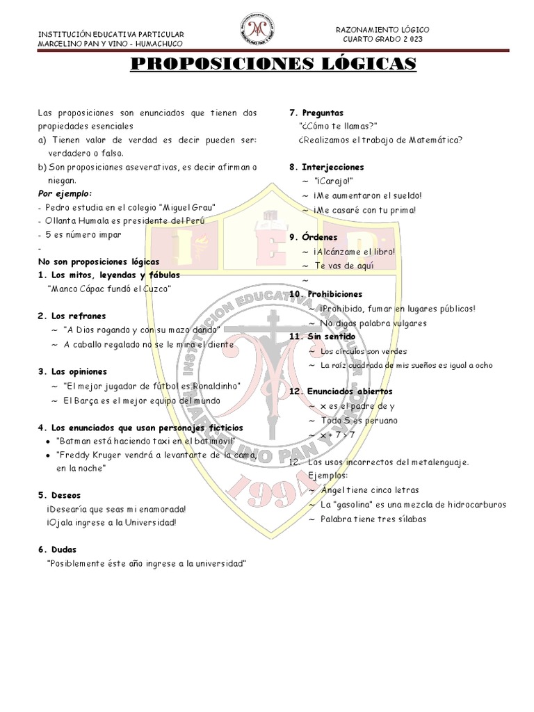 Proposiciones Lógicas 4° Sec - 2023 | PDF | Proposición