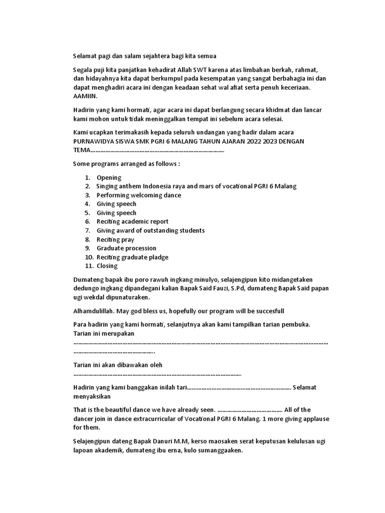 Script MC PURNAWIDYA 9 MEI 2023 AL & CINDY | PDF