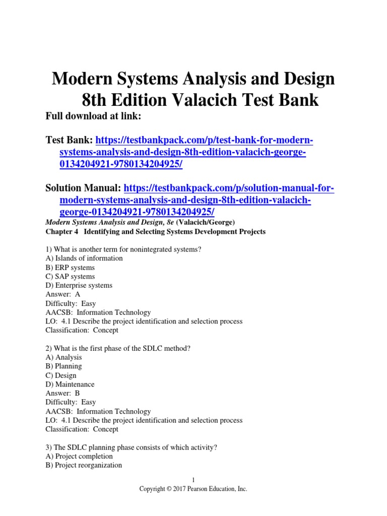 Modern Systems Analysis and Design 8th Edition Valacich Test Bank ...
