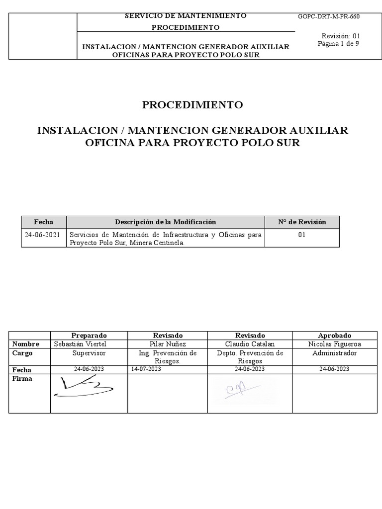 1.6. Proc. Mantención Generador Auxiliar 01 Proyecto Polo Sur - Rev.03 | PDF