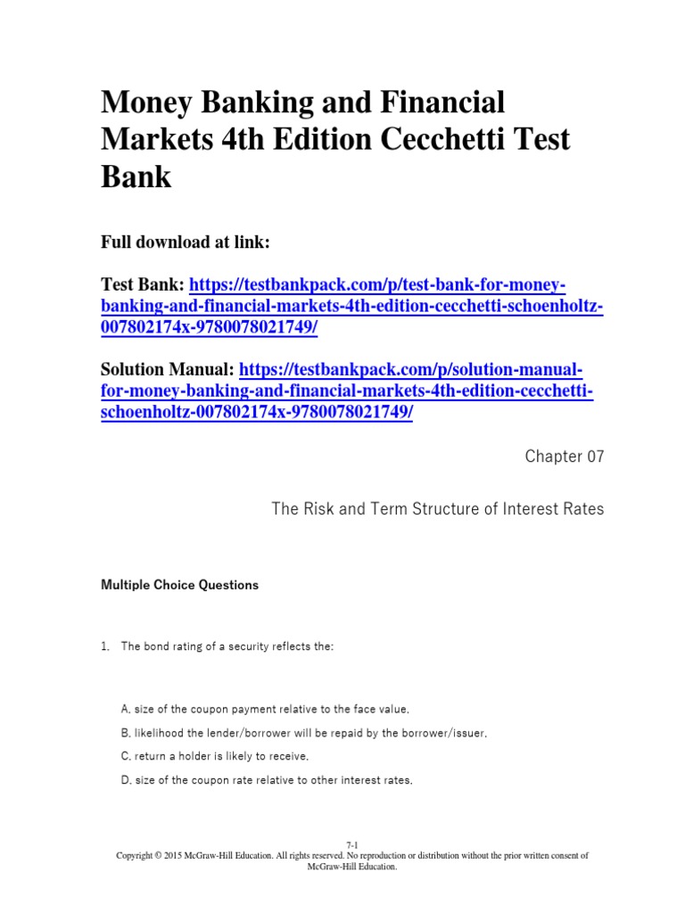 Money Banking and Financial Markets 4th Edition Cecchetti Test Bank ...