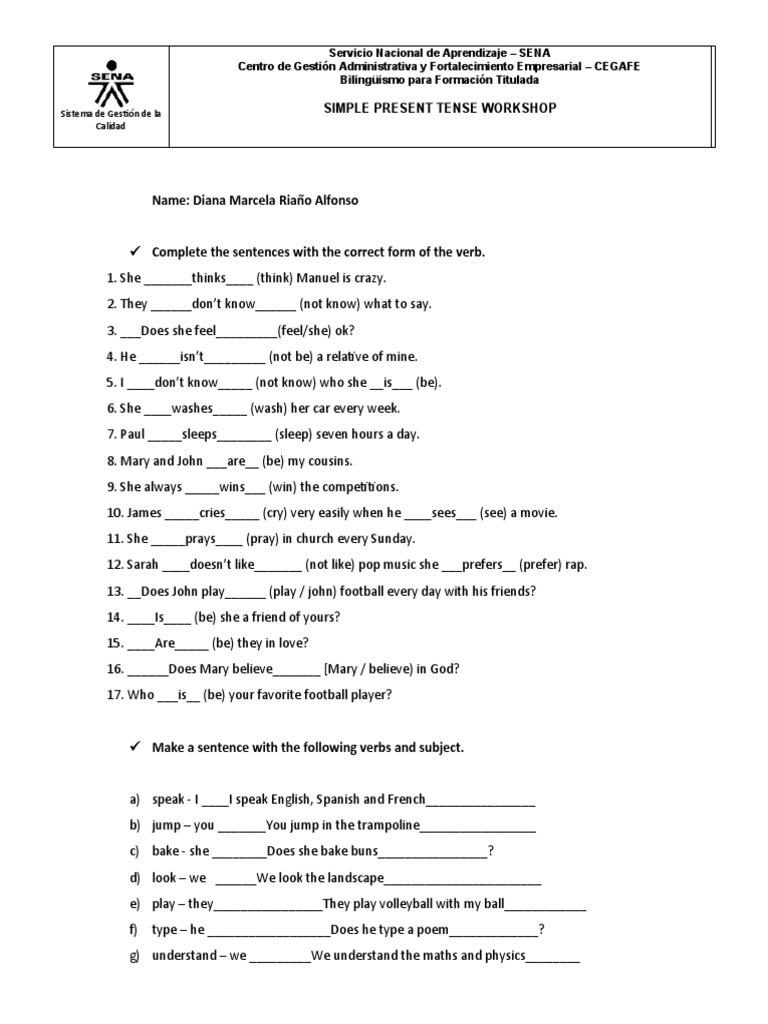 Taller Presente Simple | PDF | Language Arts & Discipline