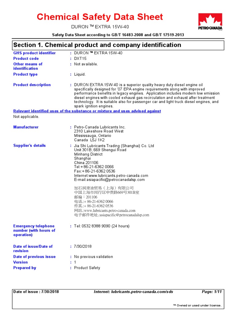 SDS Duron Extra 15W40 | PDF | Waste | Toxicity