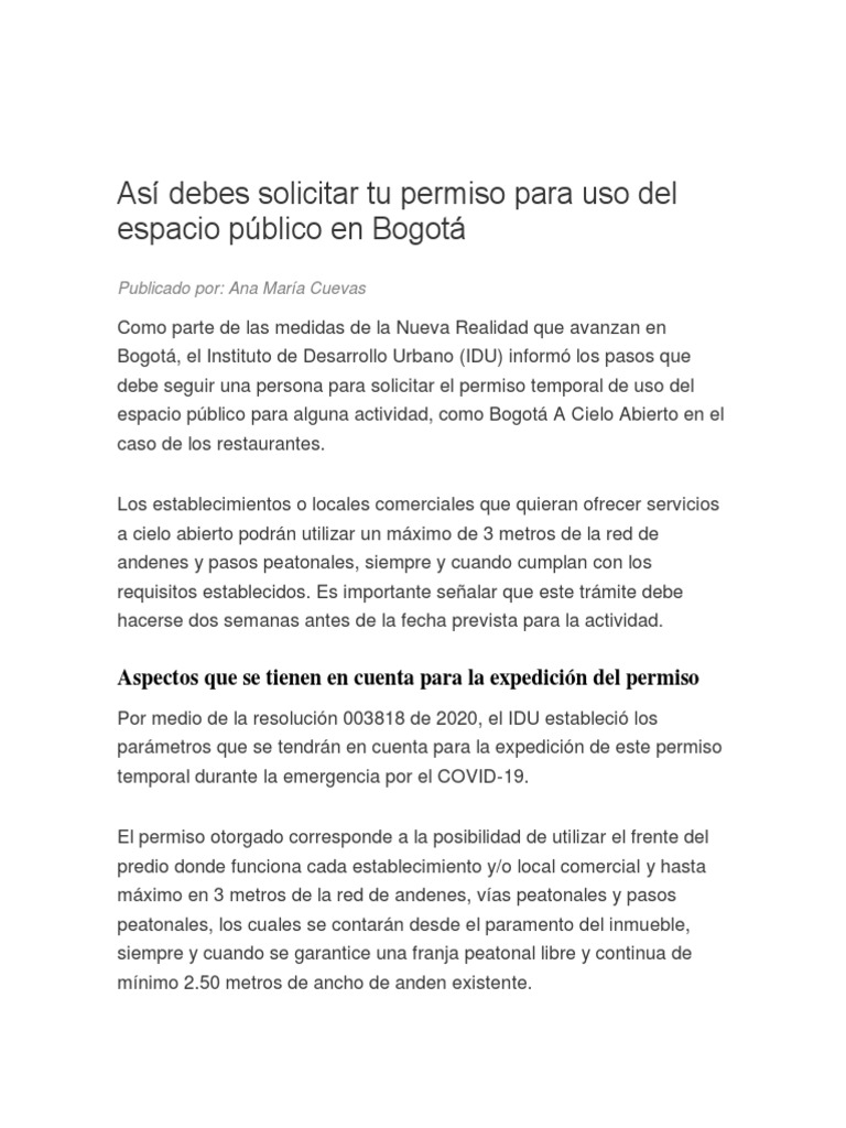 Alcaldía Mayor de Bogotá Explica Pasos para Solicitar El Permiso para Uso Del Espacio Público ...