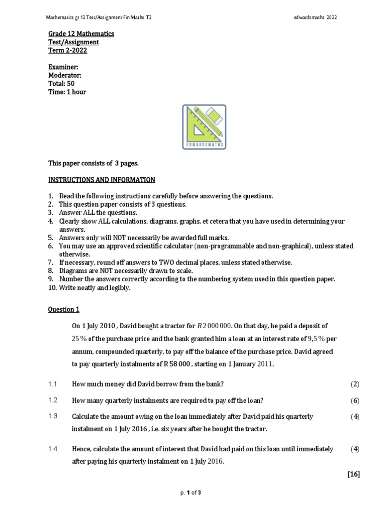 GR 12 Edwardsmaths Test or Assignment Fin Maths T2 2022 Eng | PDF