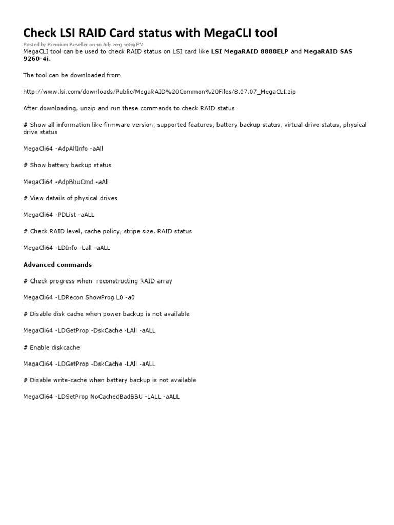 Check LSI RAID Card status with MegaCLI tool | PDF