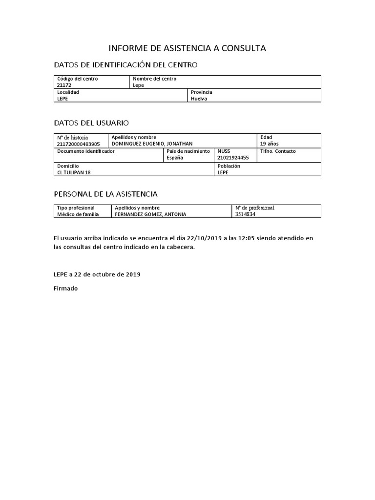 Informe de Asistencia A Consulta | PDF Informe de Asistencia A Consulta | PDF