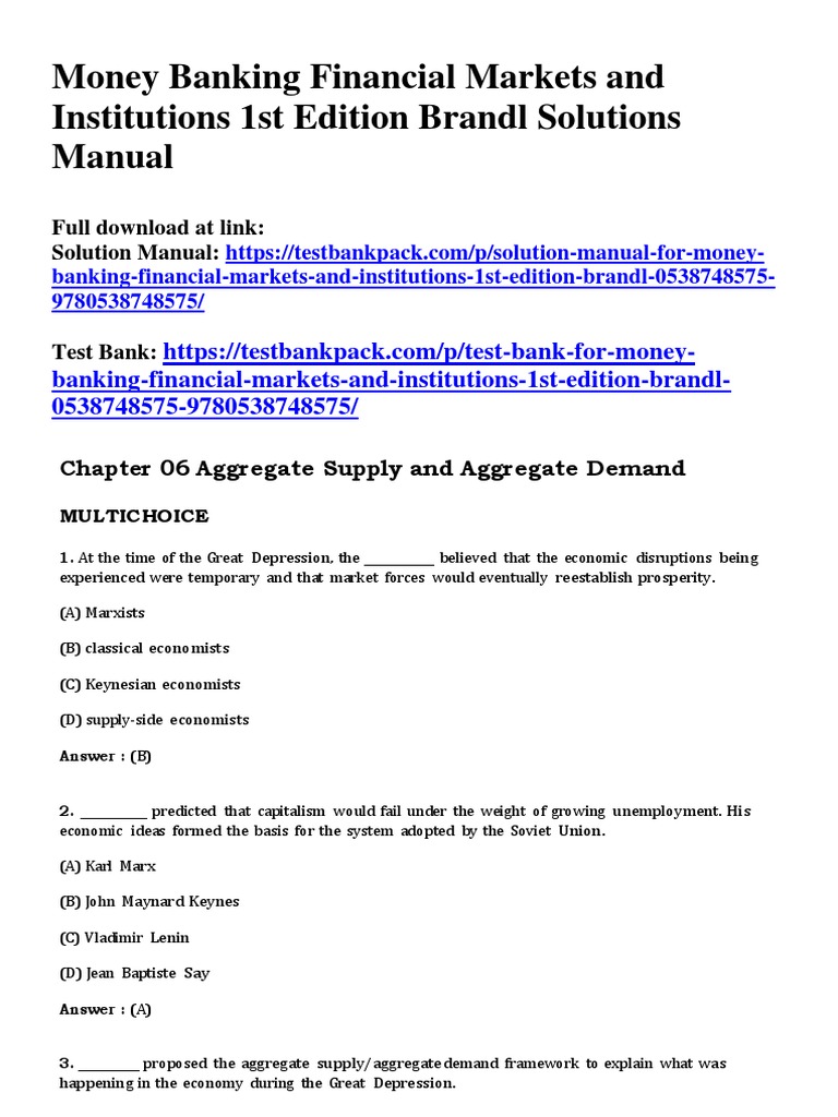 Money Banking Financial Markets and Institutions 1st Edition Brandl ...