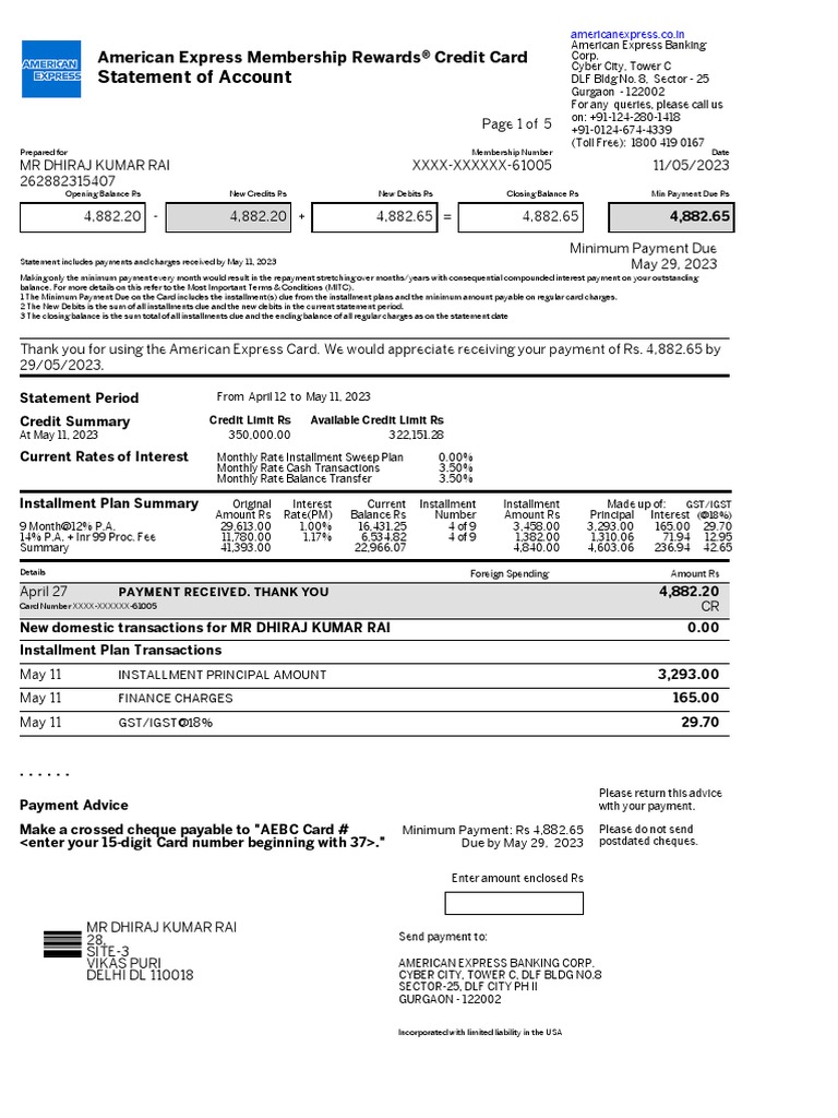 Statement of Account: American Express Membership Rewards® Credit Card ...