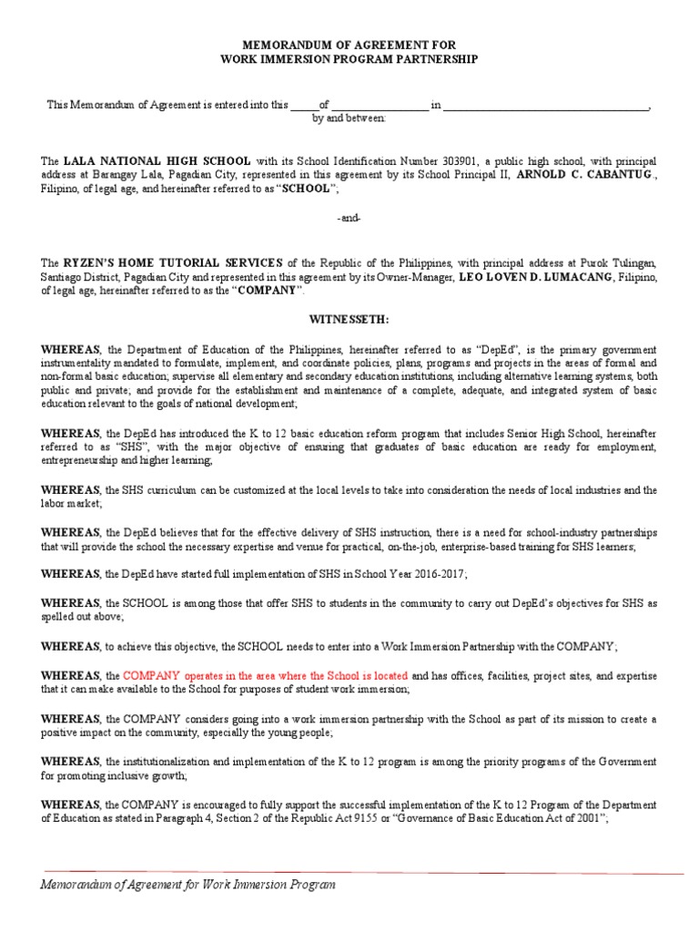 Memorandum of Agreement For Work Immersion Program - For Editing | PDF ...
