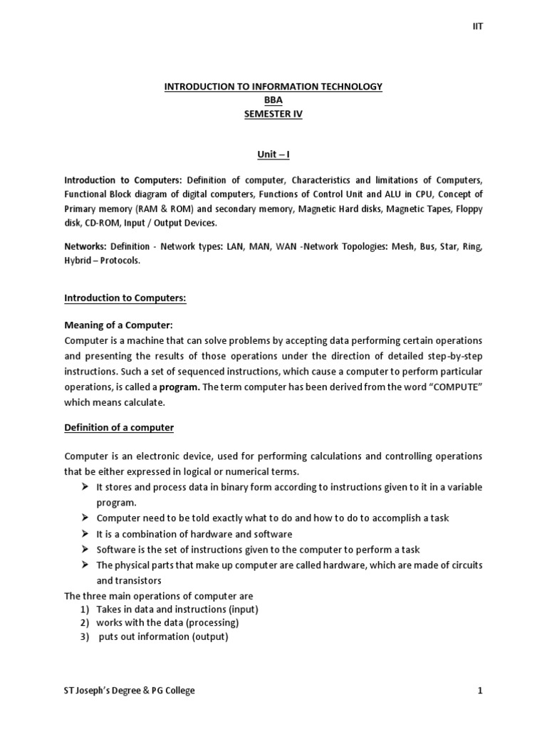 Bba Sem IV Introduction To Information Technology Notes | PDF