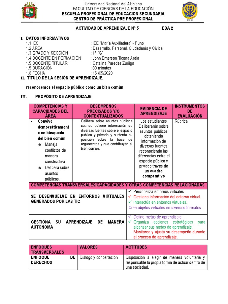 Eda 2 Actividad 5 Sesion | Descargar gratis PDF | Aprendizaje | Maestros