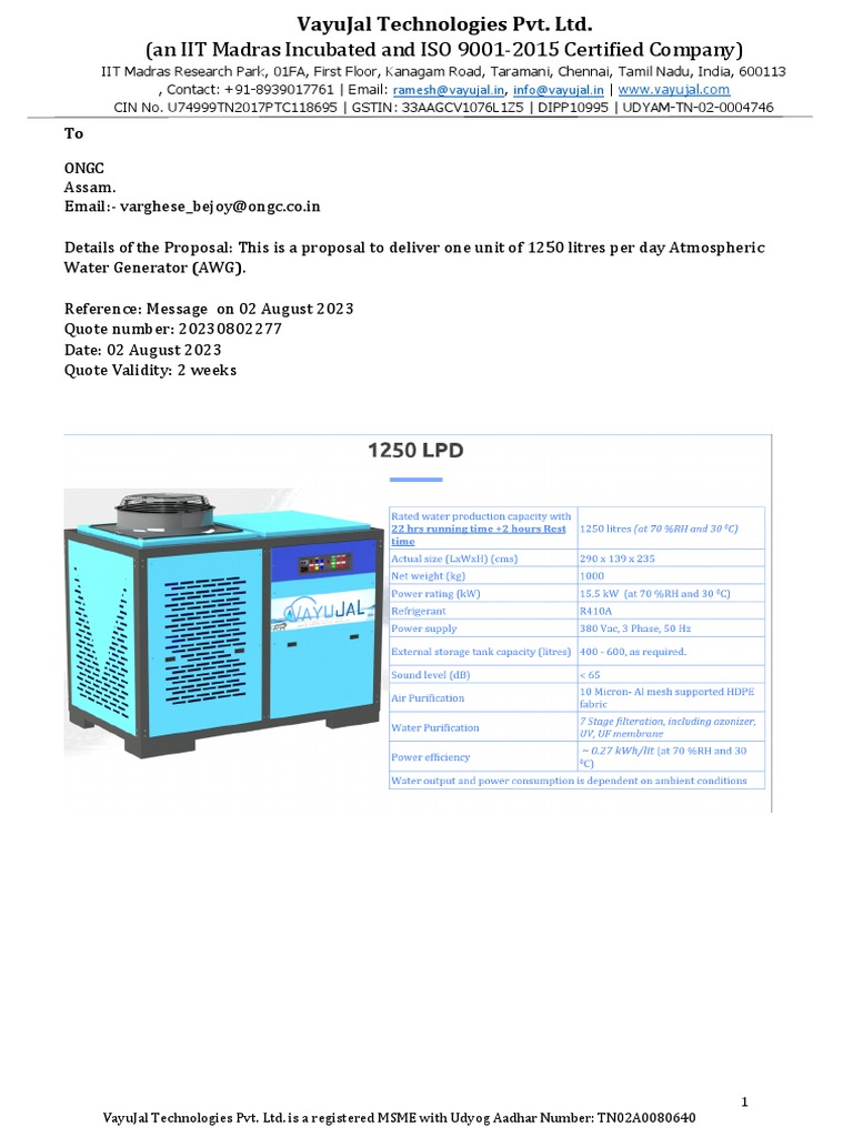 VayuJal 1250 LPD AWG Proposal | PDF | Tamil Nadu | Manufactured Goods