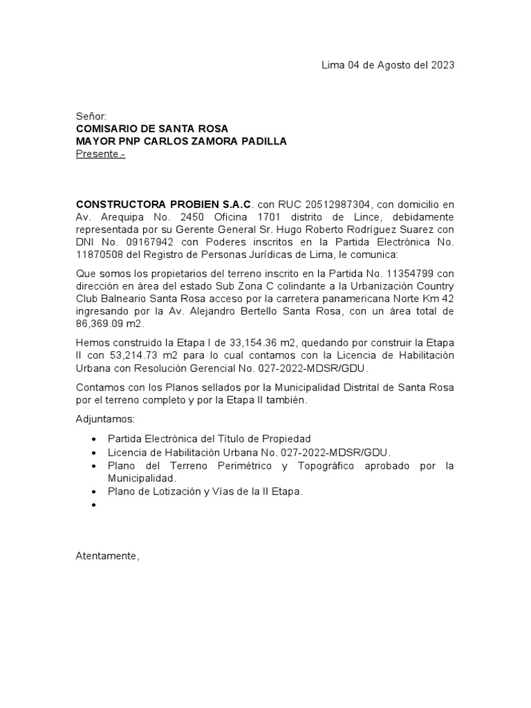 Comunicado de Constructora Probien S.A.C. | PDF