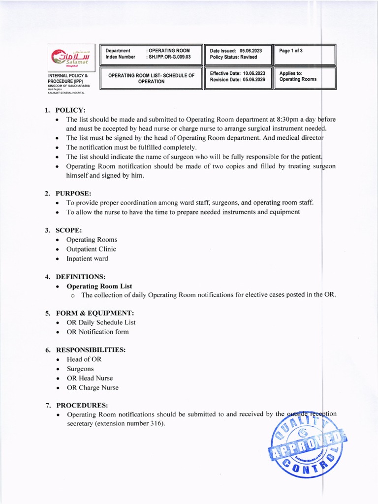 Operating Room List - Schedule of Operation | PDF