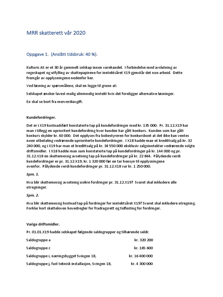MRR Skatterett Eksamensoppgaver Vår 2020 | PDF