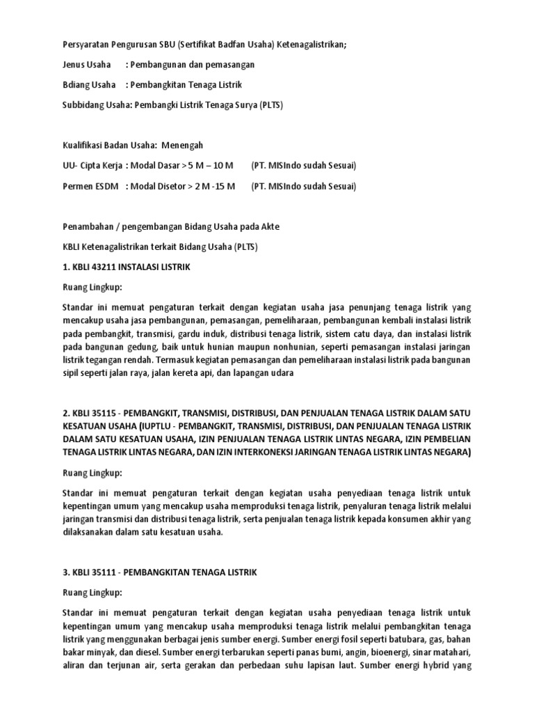 KBLI Ketenagalistrikan Lampiran 2 Permen Esdm No 5 Tahun 2021 | PDF