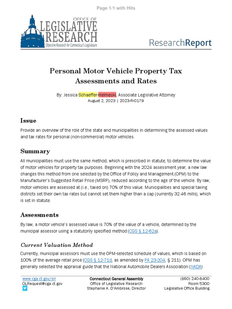 Connecticut Motor Vehicle Assessments and Rates | PDF