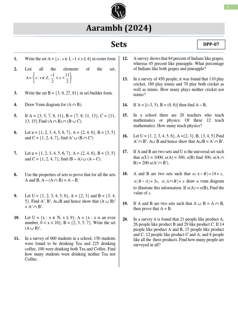 647ecb30de691100181173d4_##_Sets _ DPP 07 (Of Lecture 08) __ (Aarambh 2024) | PDF