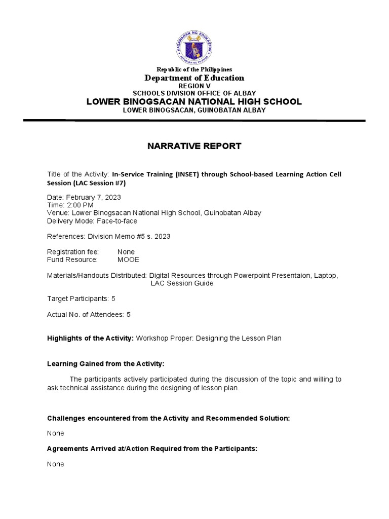 Narrative Report Mapeh Group Lac Session 7 | PDF