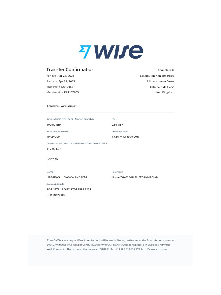 Wise Transfer Confirmation Receipt | PDF