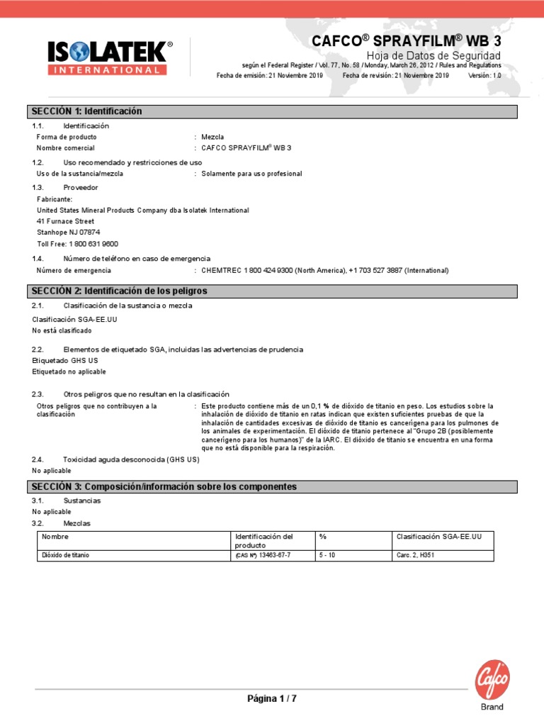 Ficha Seg Cafco-Sprayfilm-Wb3 | PDF | Agua | Primeros auxilios