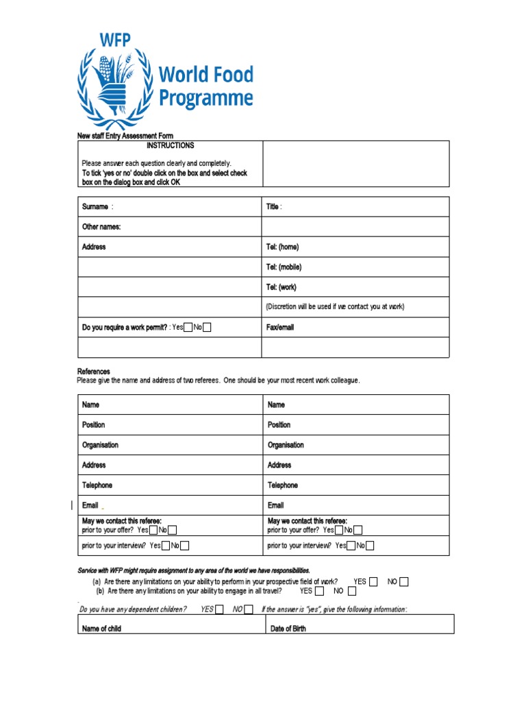 CEN_New Staff Entry Assessment Form_WFP | PDF