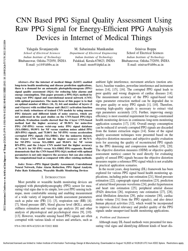 CNN Based PPG Signal Quality Assessment Using Raw PPG Signal For Energy ...