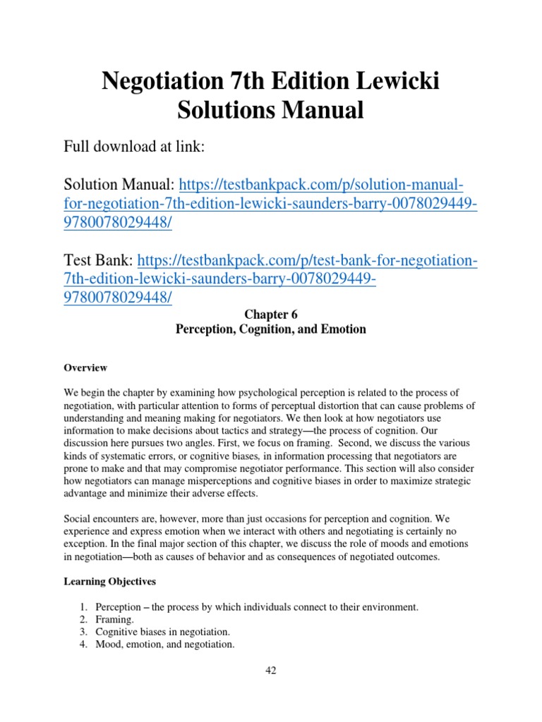 Negotiation 7th Edition Lewicki Solutions Manual Download | PDF | Negotiation | Perception
