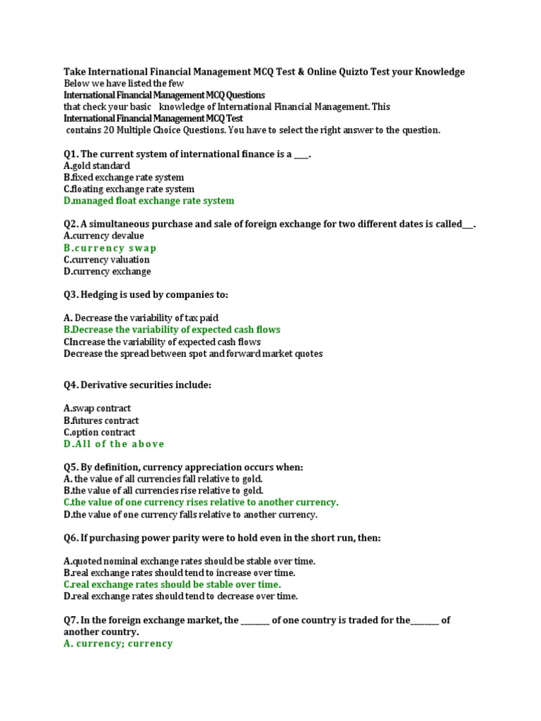 Take International Financial Management MCQ Test | PDF | Exchange Rate ...