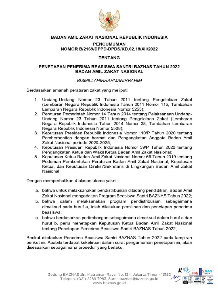 2169-KETUA-Pengumuman Penetapan Penerima Beasiswa Santri BAZNAS Tahun ... 2169-KETUA-Pengumuman Penetapan Penerima Beasiswa Santri BAZNAS Tahun ...