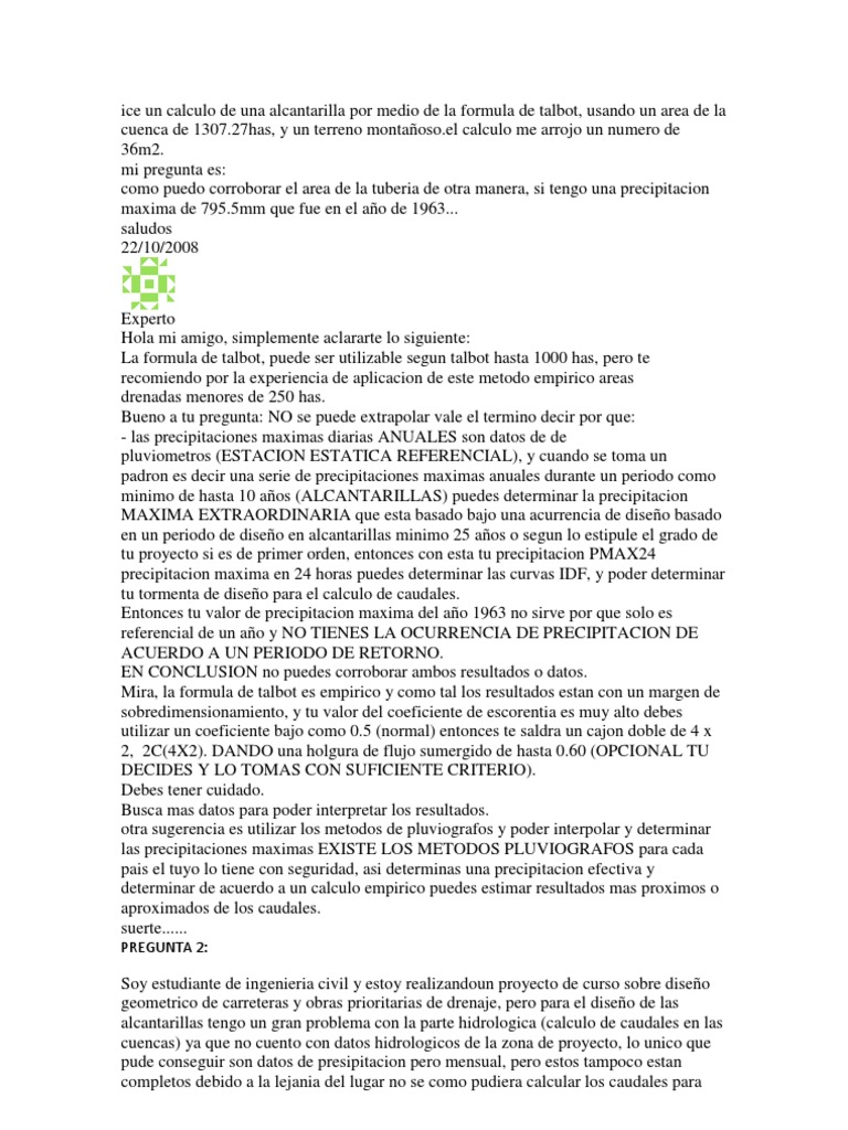 Calculo de Una Alcantarilla Por Medio de La Formula de Talbot | PDF ...
