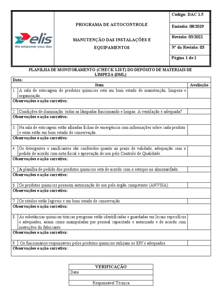 Checklist Do Depósito de Materiais de Limpeza (DML) | PDF