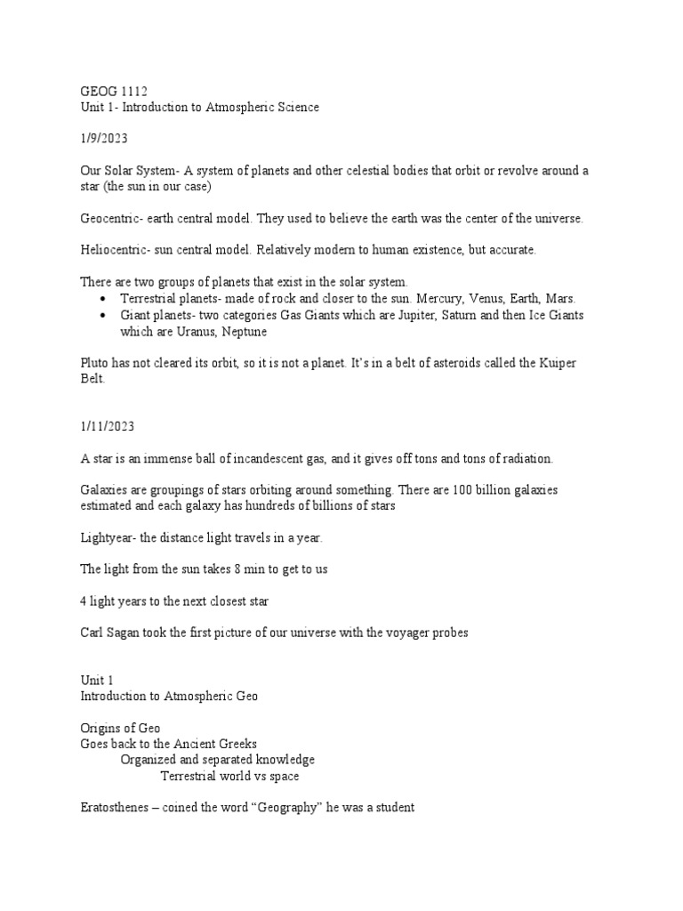 Geog 1112 Unit 1 | PDF | Planets | Solar System