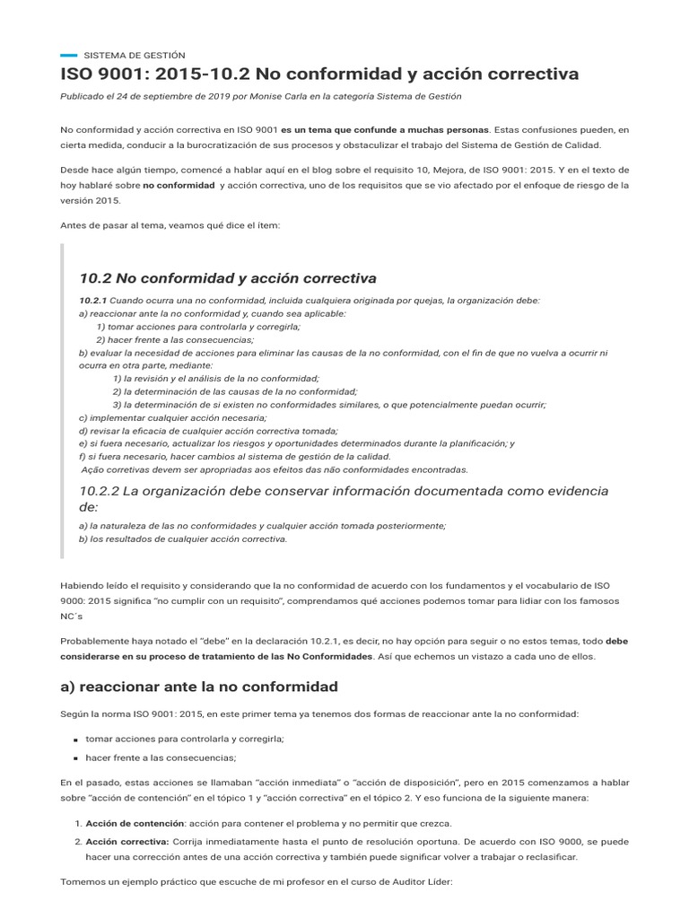 No Conformidad y Acción Correctiva ISO 9001 | PDF