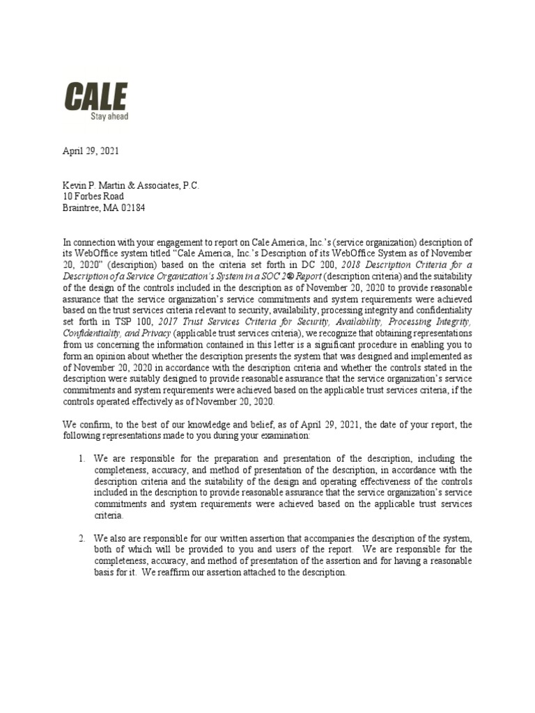 Management Rep Letter - SOC 2 Type 1 | PDF