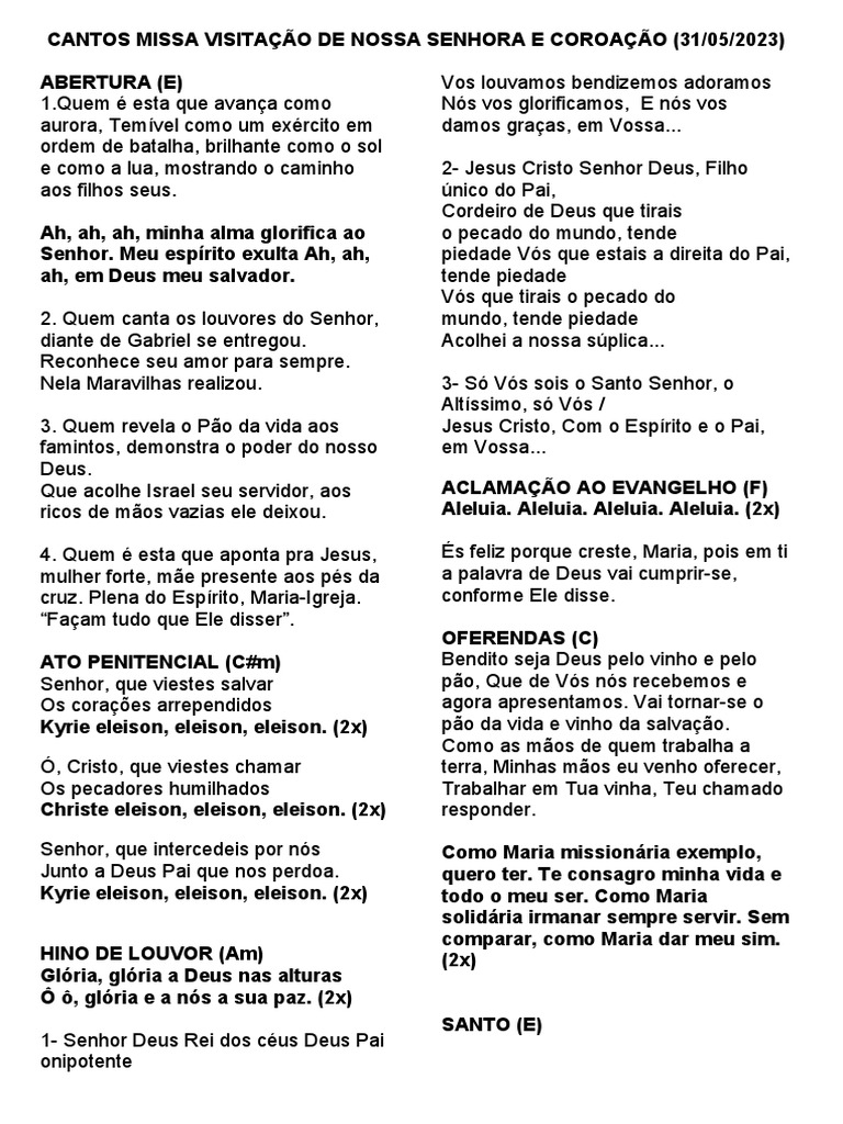 Cantos Missa e Coroação de Nossa Senhora para 31/05 | PDF