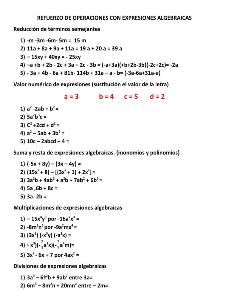 REFUERZO DE OPERACIONES CON EXPRESIONES ALGEBRAICAS 8vos | PDF