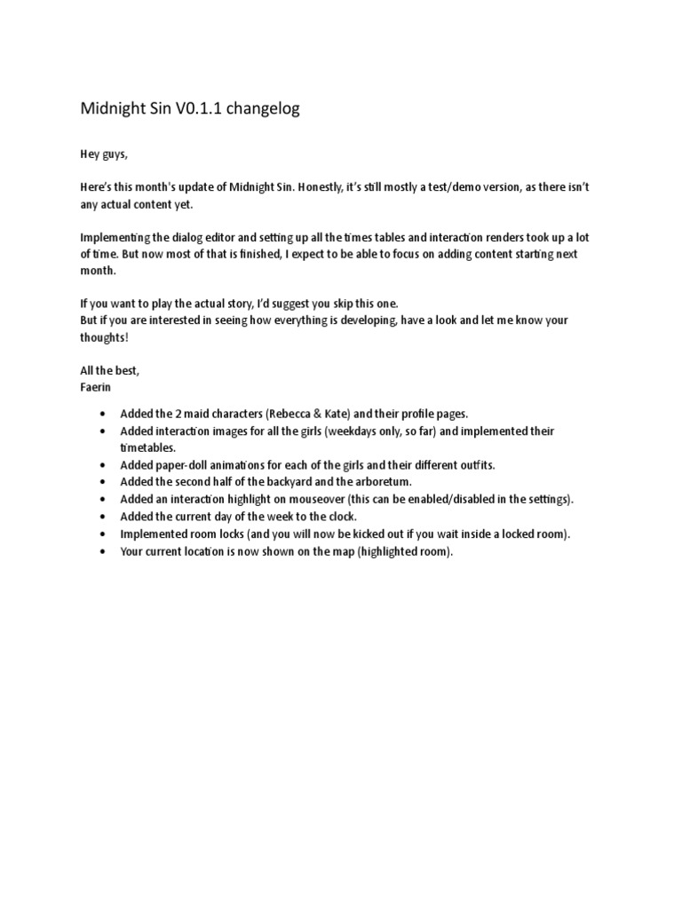 Midnight Sin V0.1.1 Update Summary | PDF