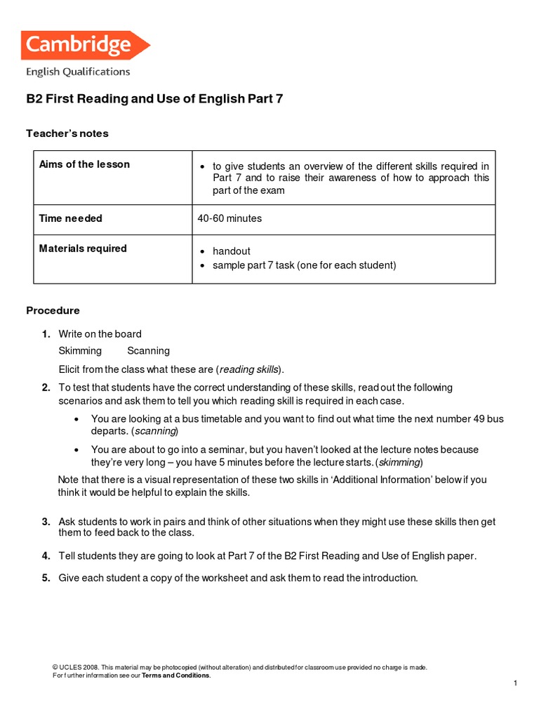 Cambridge English b2 First Reading Part 7 | PDF