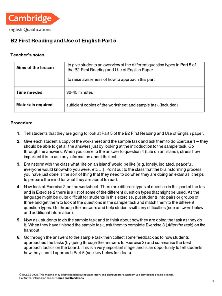 Cambridge English b2 First Reading Part 5 | PDF