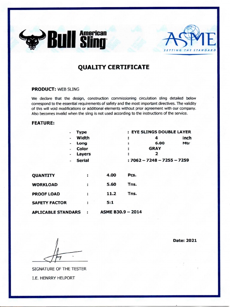 CERTIFICADO ESLINGAS 4 X 6m BULL SLING | PDF | Business