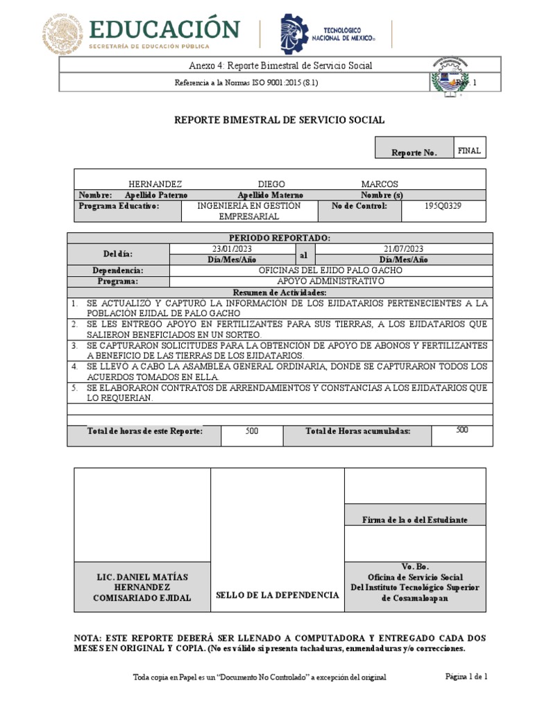 Anexo 4 Reporte Bimestral De Servicio Social Pdf