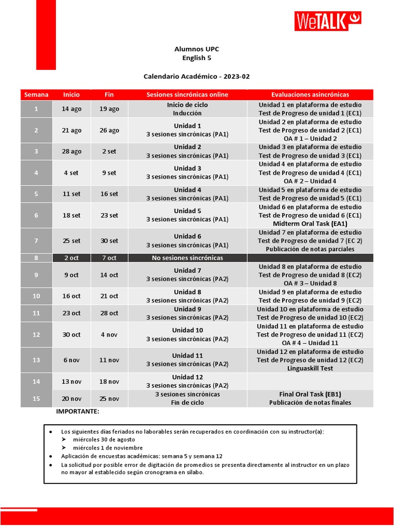 E5 Calendario Alumnos UPC 2023-02 PDF | PDF