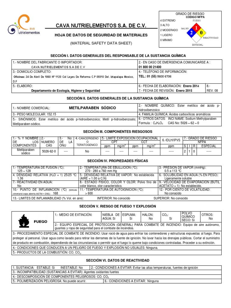 Metilparaben Sodico HOJA DE SEGURIDAD | PDF