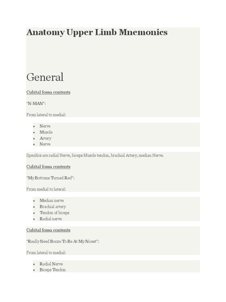 Anatomy Upper Limb Mnemonics | PDF