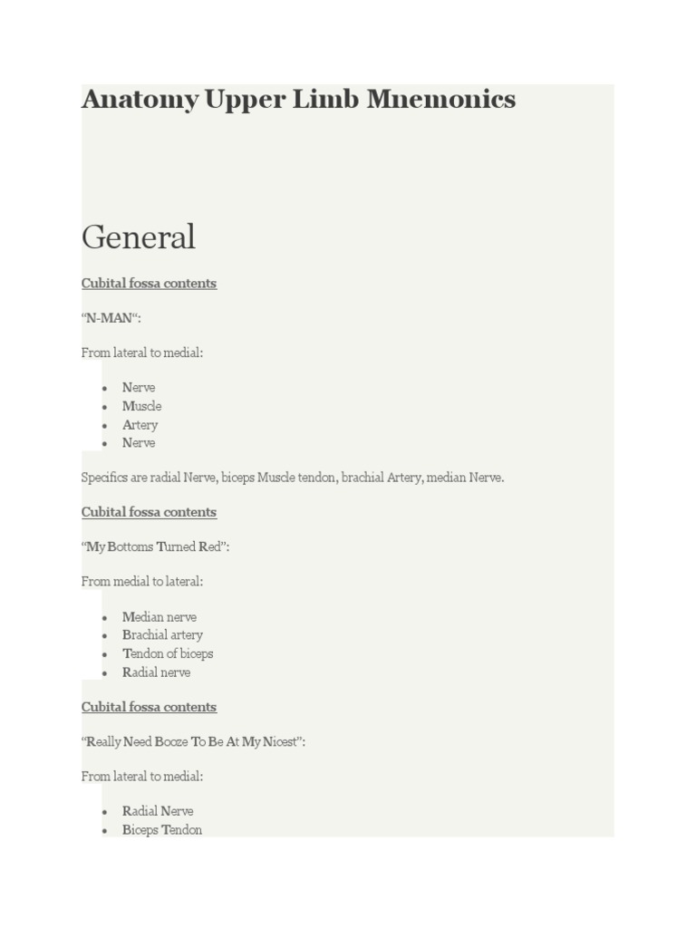Anatomy Upper Limb Mnemonics | PDF