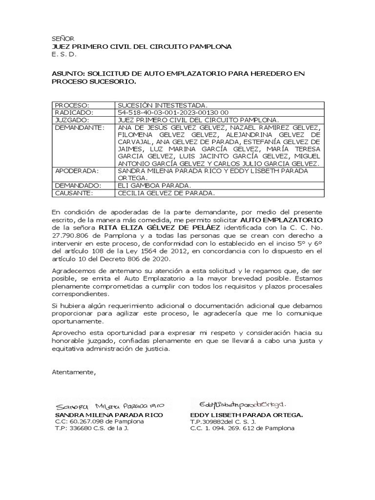 Solicitud de Auto Emplazatorio para Heredero en Proceso Sucesorio. | PDF